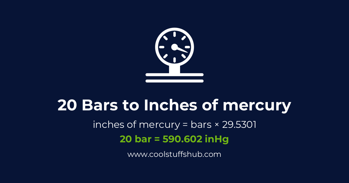 Convert 20 bars to inches of mercury (20 bar to inHg conversion)