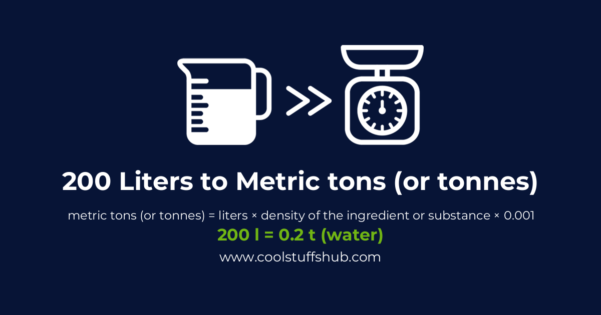 Convert 200 liters to metric tons (or tonnes) (200 l to t conversion)