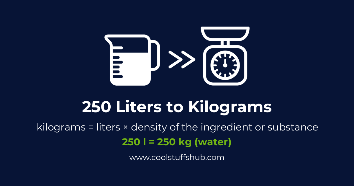 Convert 250 liters to kilograms (250 l to kg conversion)