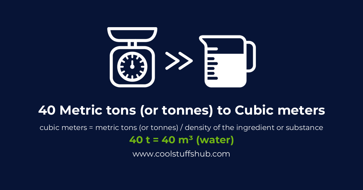Convert 40 metric tons (or tonnes) to cubic meters (40 t to m³ conversion)