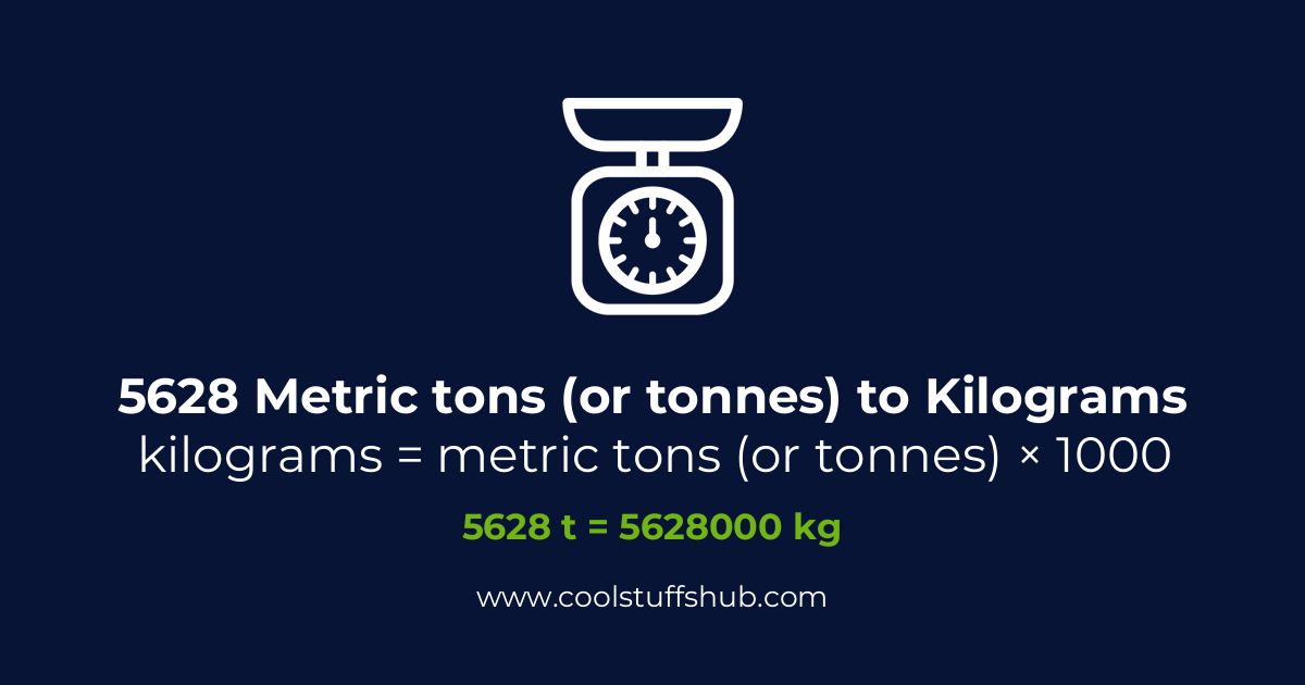 Convert 5628 Metric Tons or Tonnes To Kilograms 5628 T To Kg