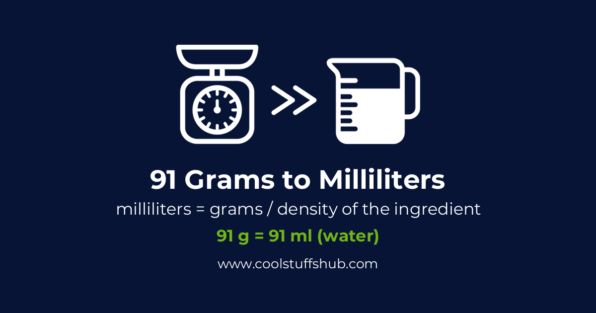 Convert 91 grams to milliliters (91 g to ml conversion)