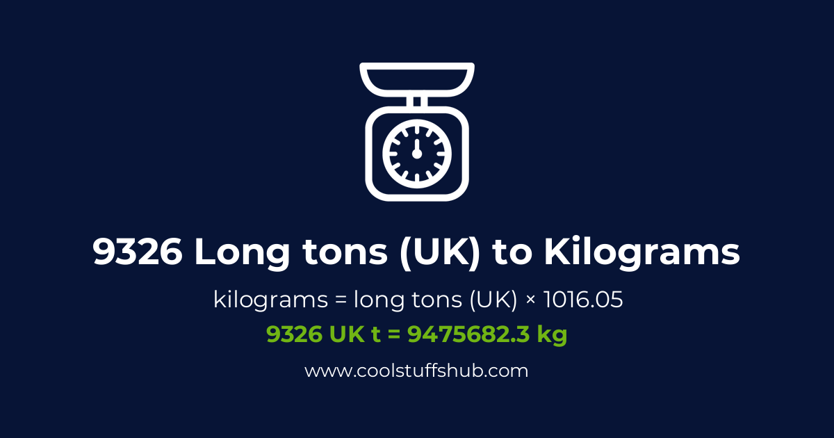 Convert 9326 long tons (UK) to kilograms (9326 UK t to kg conversion)