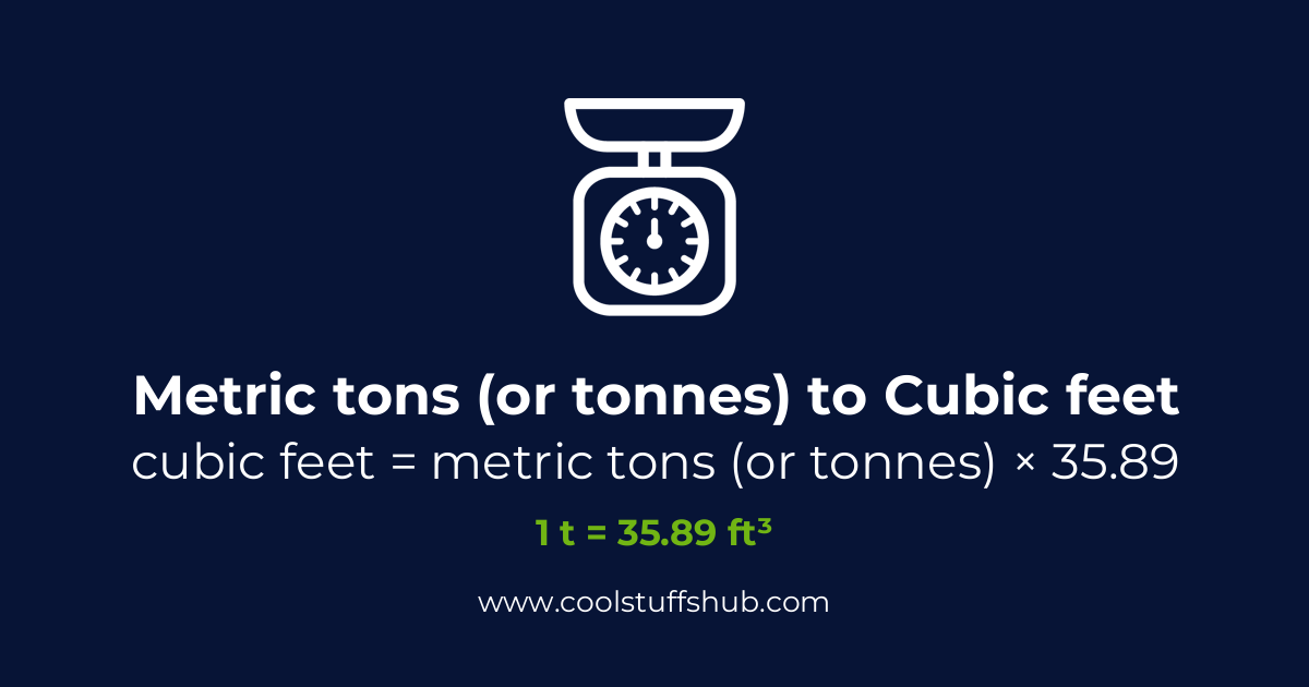 Convert metric tons (or tonnes) to cubic feet (t to ft³ conversion)