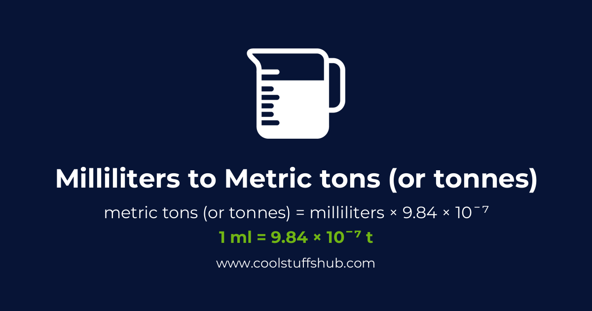 Milliliters to metric tons (or tonnes) conversion (ml to t)