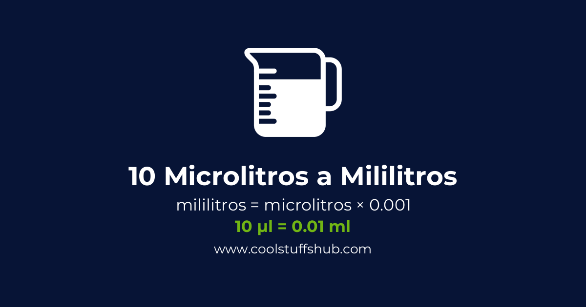 Conversión de 10 microlitros a mililitros (10 µl a ml)