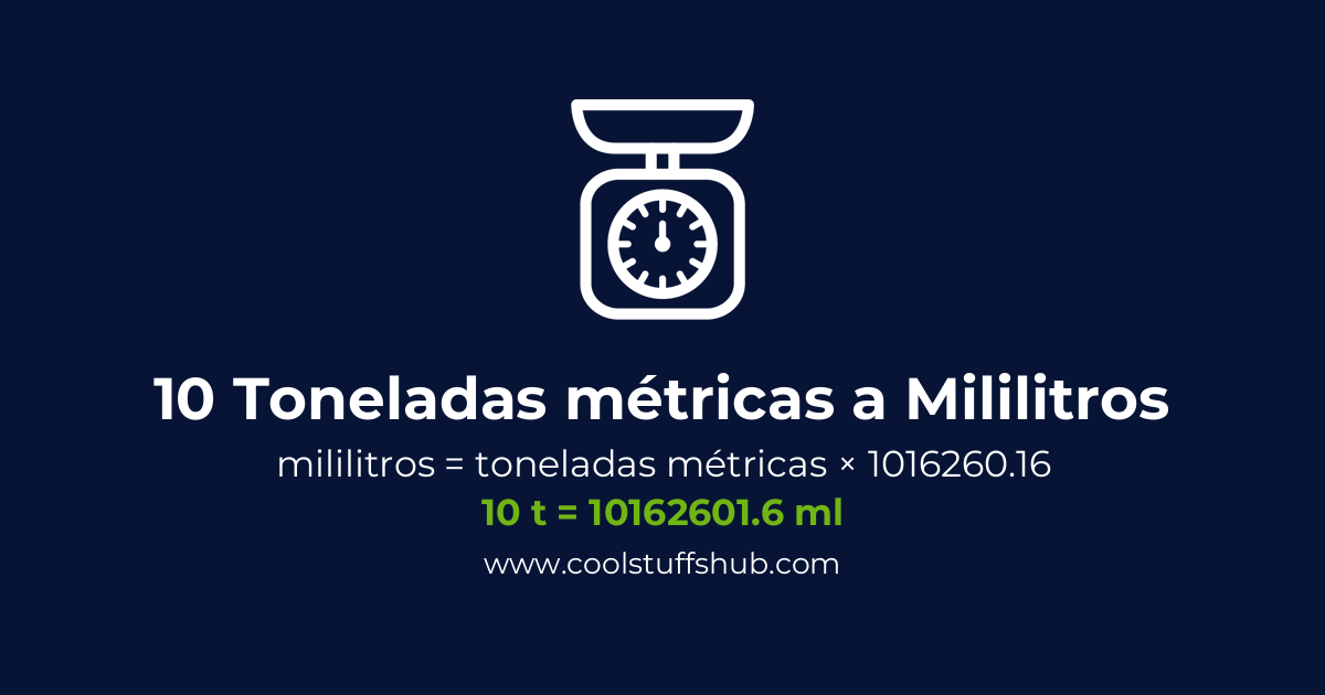 Convertir 10 toneladas métricas a mililitros (conversión de 10 t a ml)