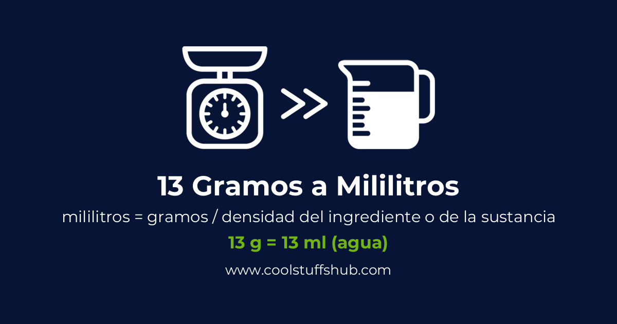 Convertir 13 gramos a mililitros (conversión de 13 g a ml)