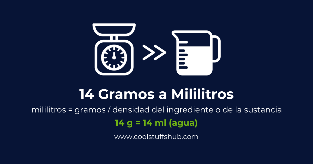 Convertir 14 gramos a mililitros (conversión de 14 g a ml)