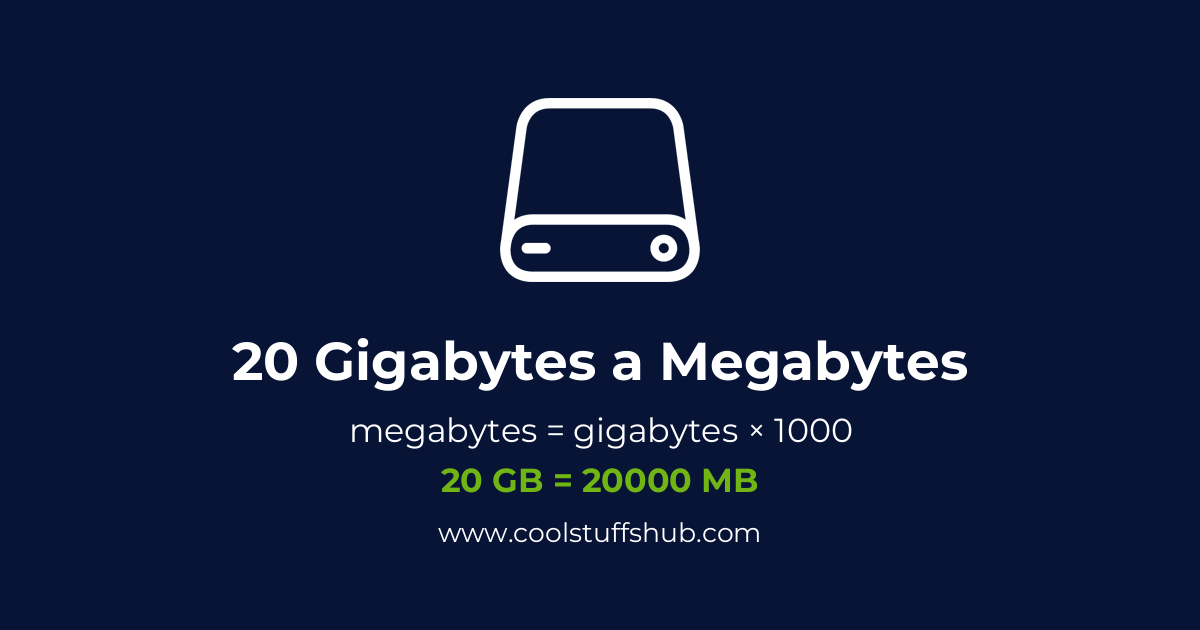 Convertir 20 gigabytes a megabytes (conversión de 20 GB a MB)