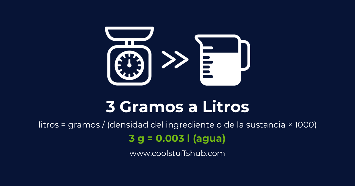 Convertir 3 gramos a litros (conversión de 3 g a l)