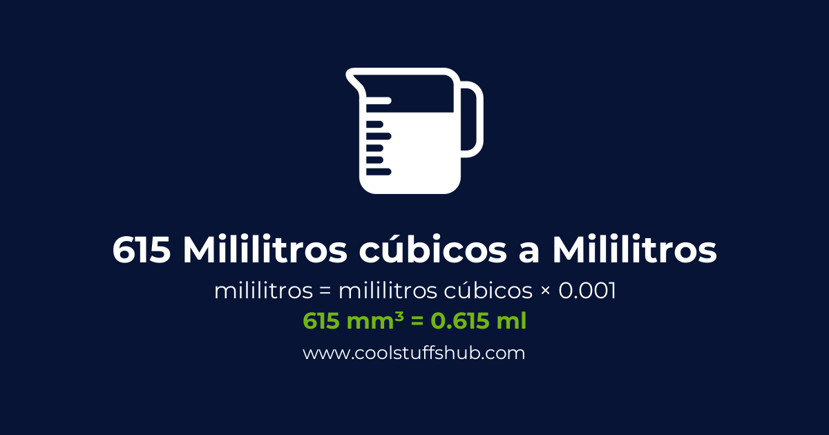 Convertir 615 mililitros cúbicos a mililitros (conversión de 615 mm³ a ml)