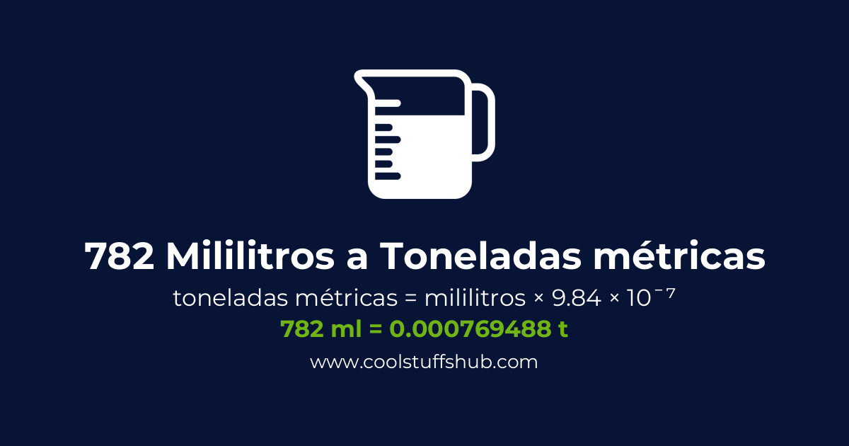 Convertir 782 mililitros a toneladas métricas (conversión de 782 ml a t)