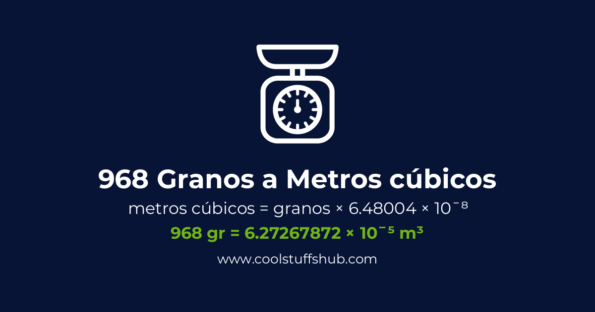 Convertir 968 granos a metros cúbicos (conversión de 968 gr a m³)
