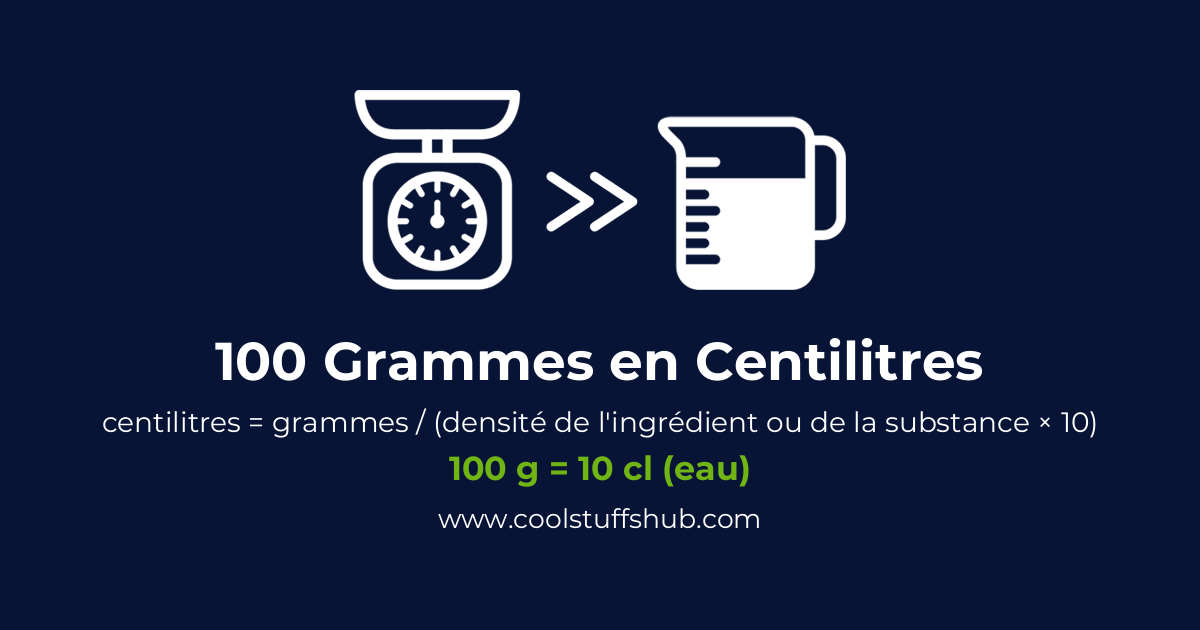 Convertir 100 grammes en centilitres (conversion de 100 g en cl)