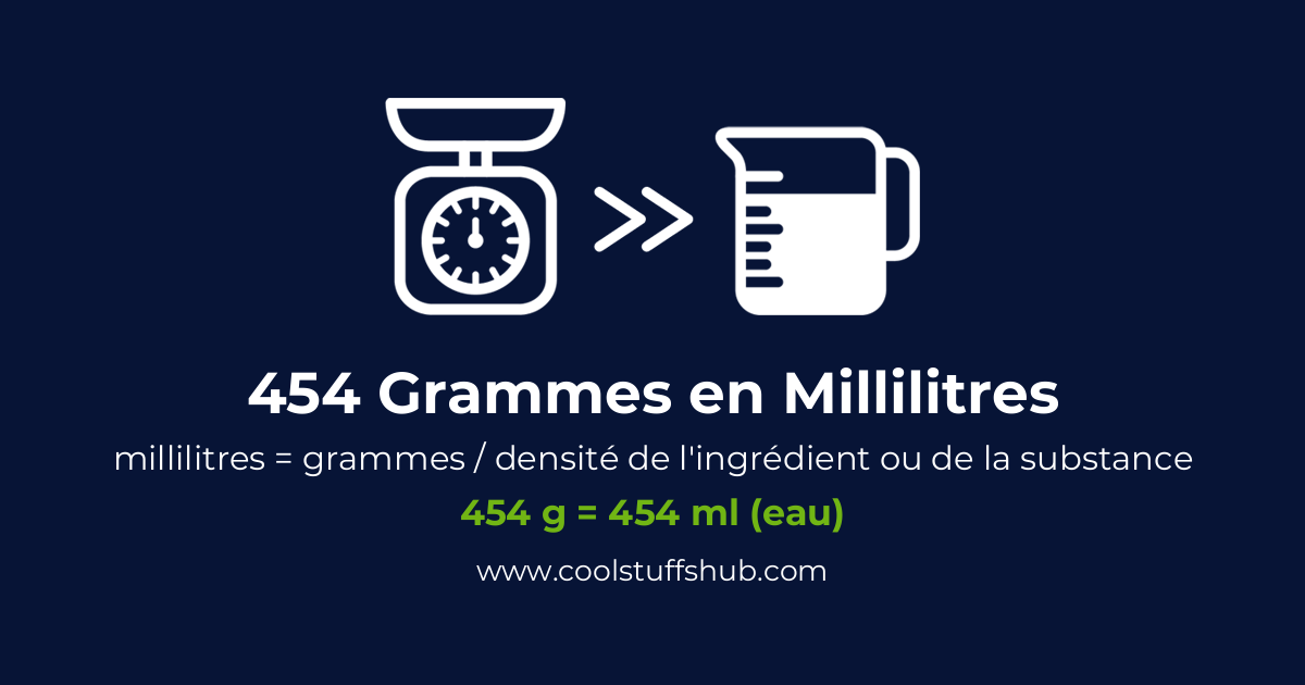 Convertir 454 grammes en millilitres (conversion de 454 g en ml)